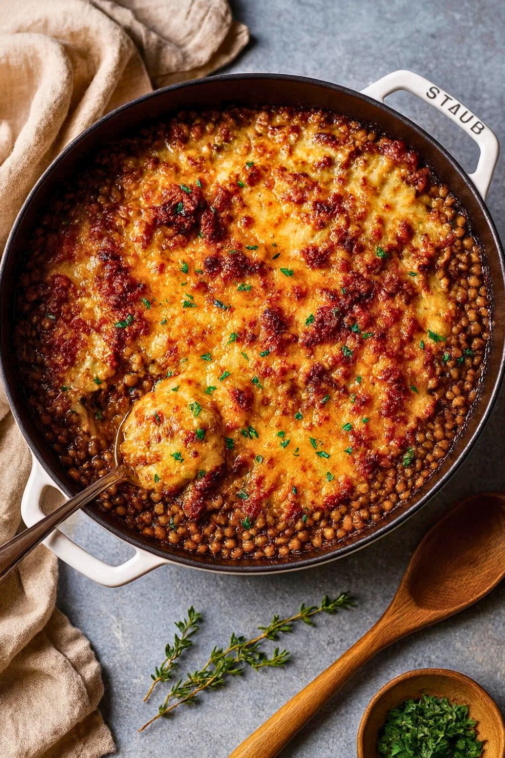 French Onion Baked Lentils and Farro